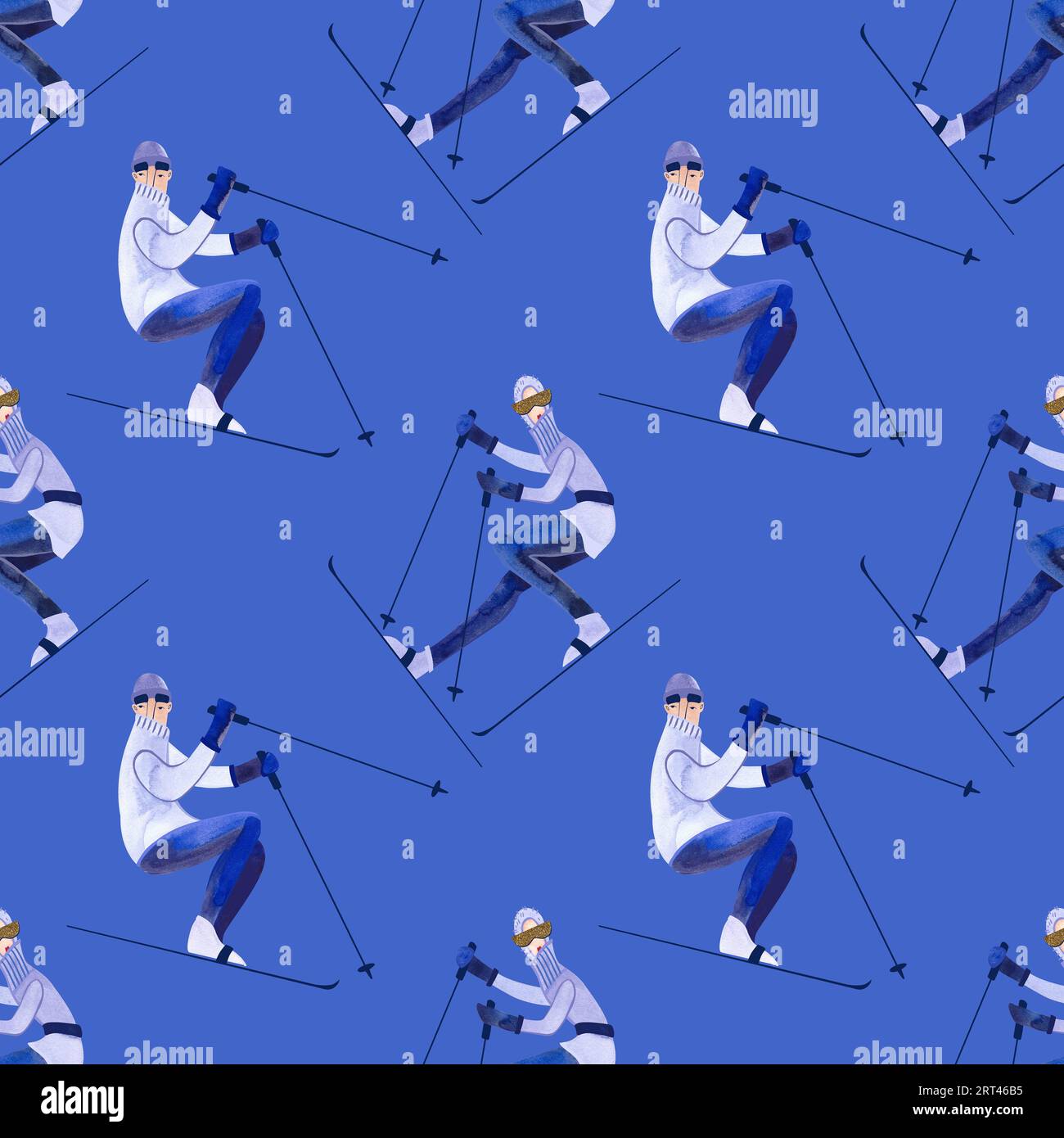 Watercolor seamless patern with skiers. Winter textile. Sport costume ...