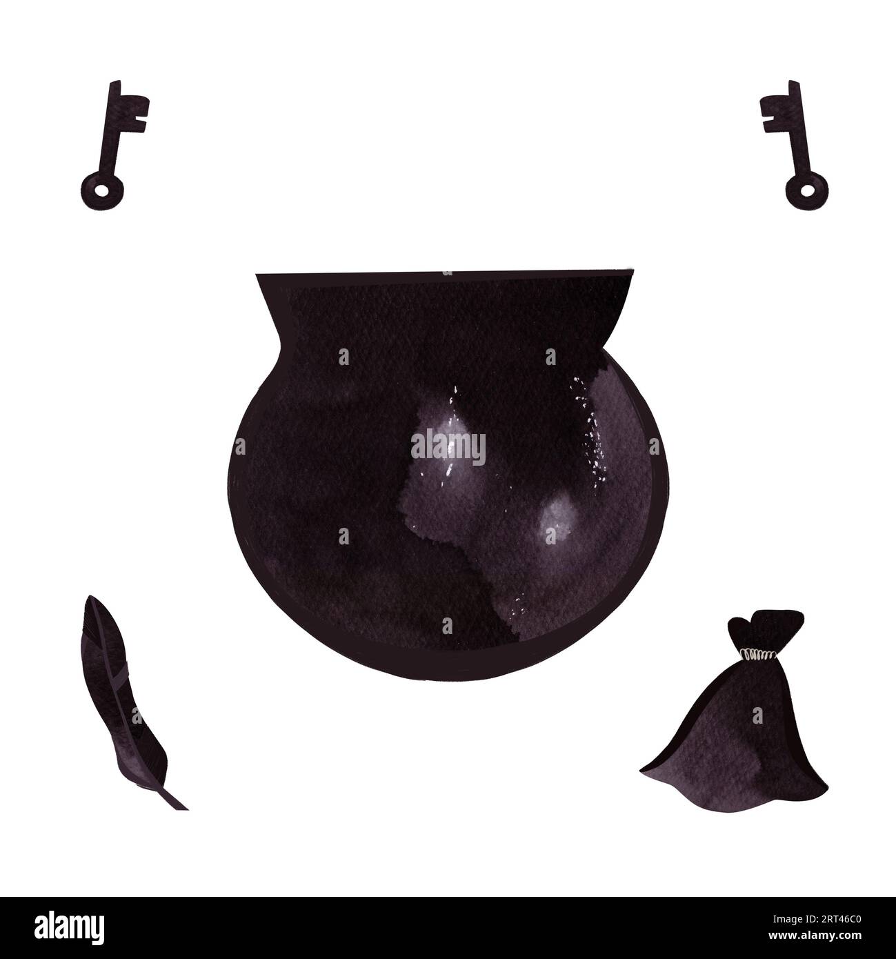 A set of witch items: cauldron, key, feather, pouch. Witchcraft. Ink ...
