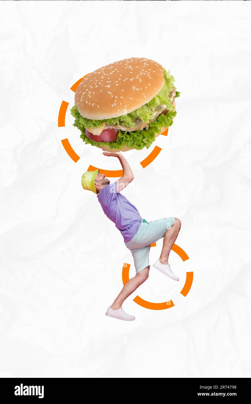 Creative banner collage advertisement of strong miniature young guy ...
