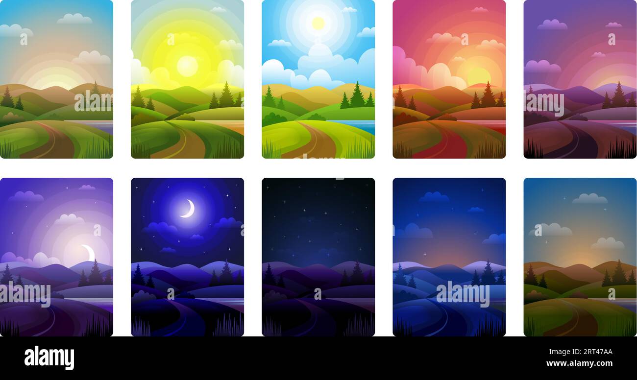 Day parts. Background of noon morning day and night recent vector ...