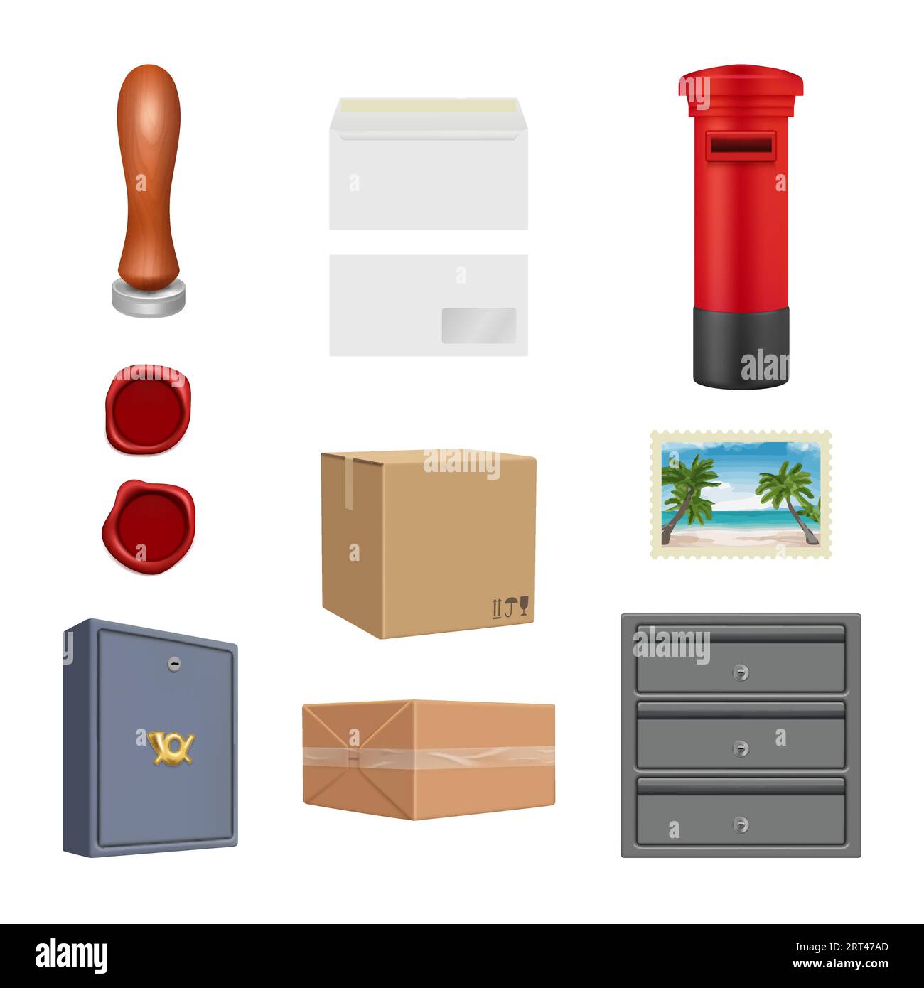 Post office. Wax stamp cardboard boxes envelopes decent vector realistic post packages Stock ...