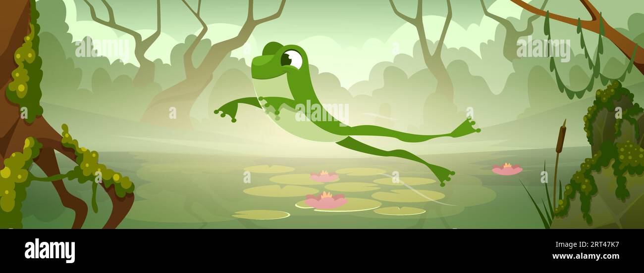 Cartoon frog background. Wild animal in lake exact vector frog jumping ...