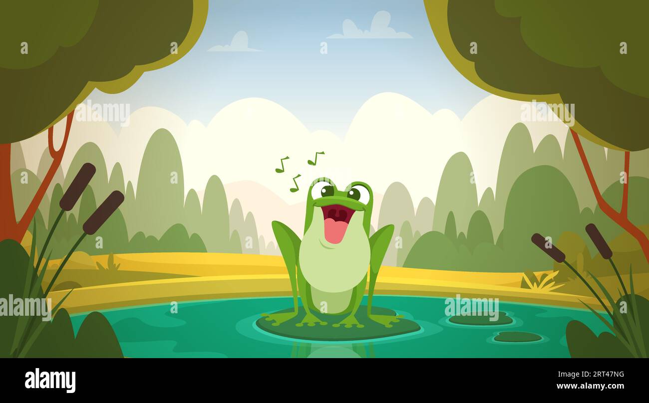 Jumping frog. Cartoon background with cute animals frogs exact vector ...