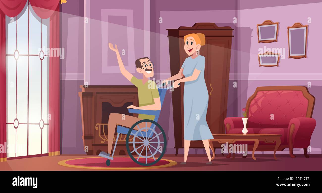 Elderly active smiling man on wheelchair with helping woman in cozy ...
