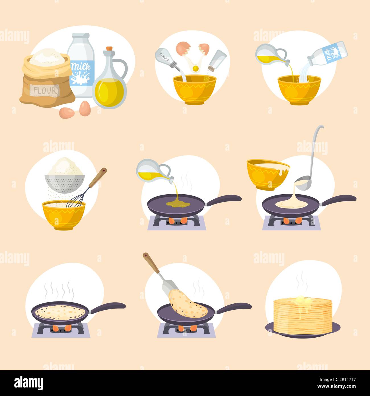 Pancakes cooking. Kitchen production stages for preparing delicious ...