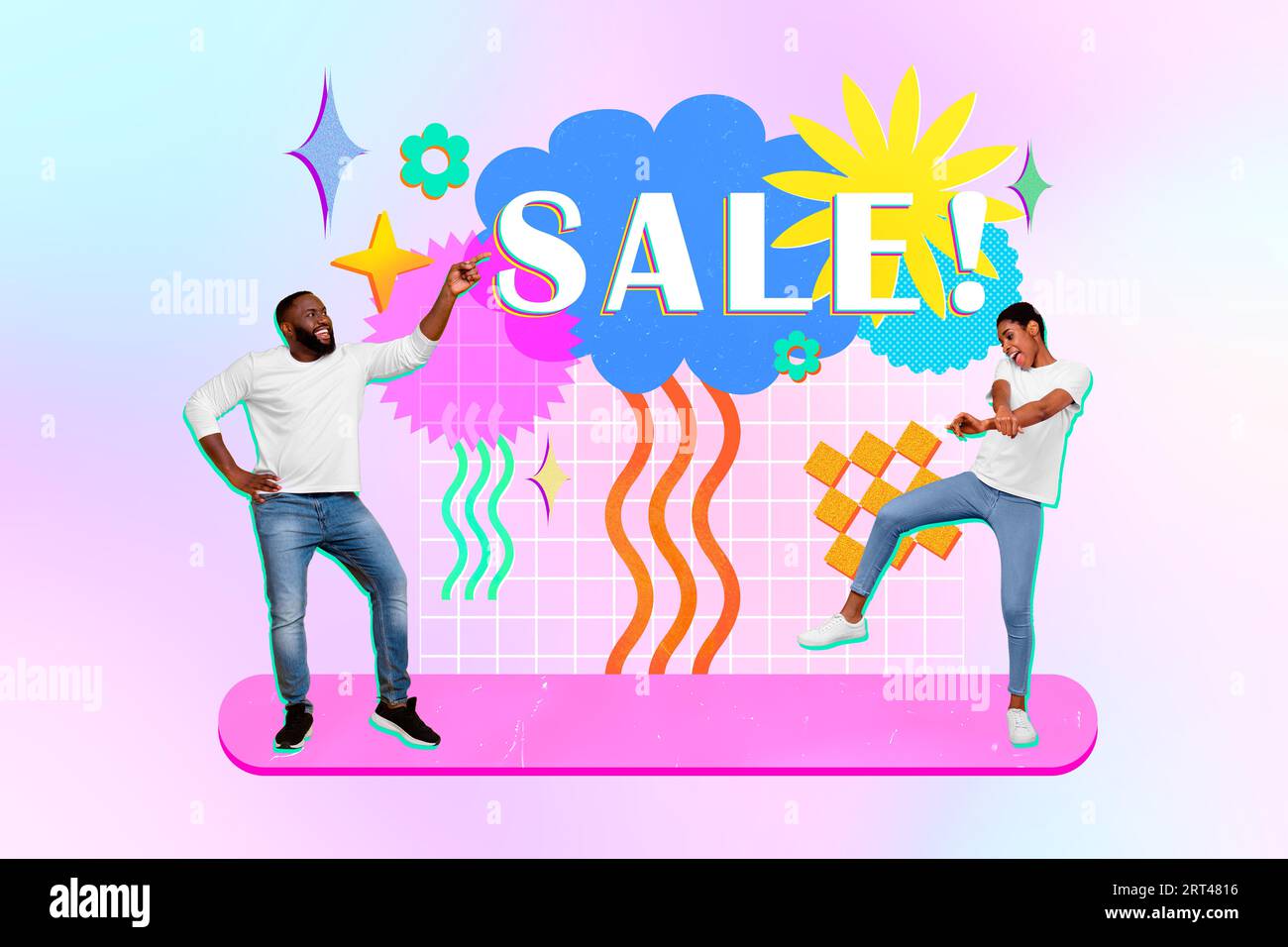 Composite collage art of two fantastic friends have fun enjoy shopping ...