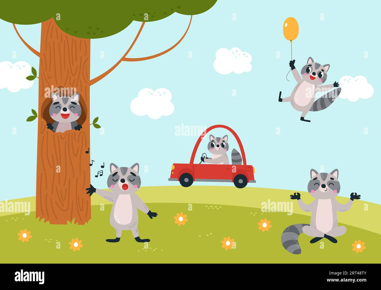 Cartoon raccoons rest on meadow. Funny raccoon driving car, flying ...