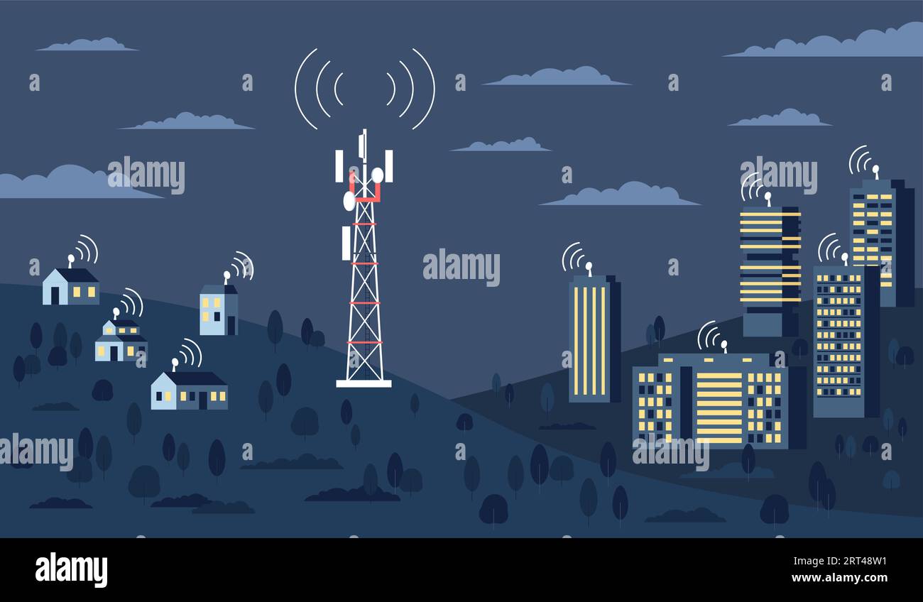 Night valley landscape with wireless network tower. 5g in village ...