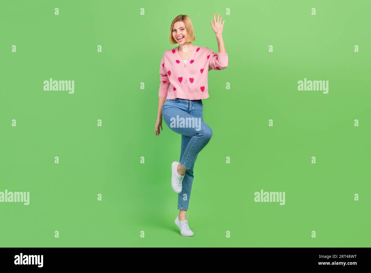 Full size photo of attractive woman waving hand hello dressed stylish ...