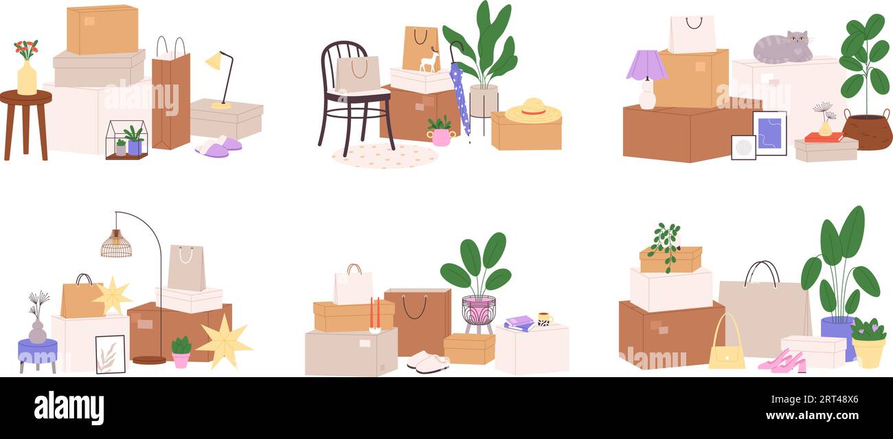 Cardboard boxes with things. Household storage, opening parcel after ...