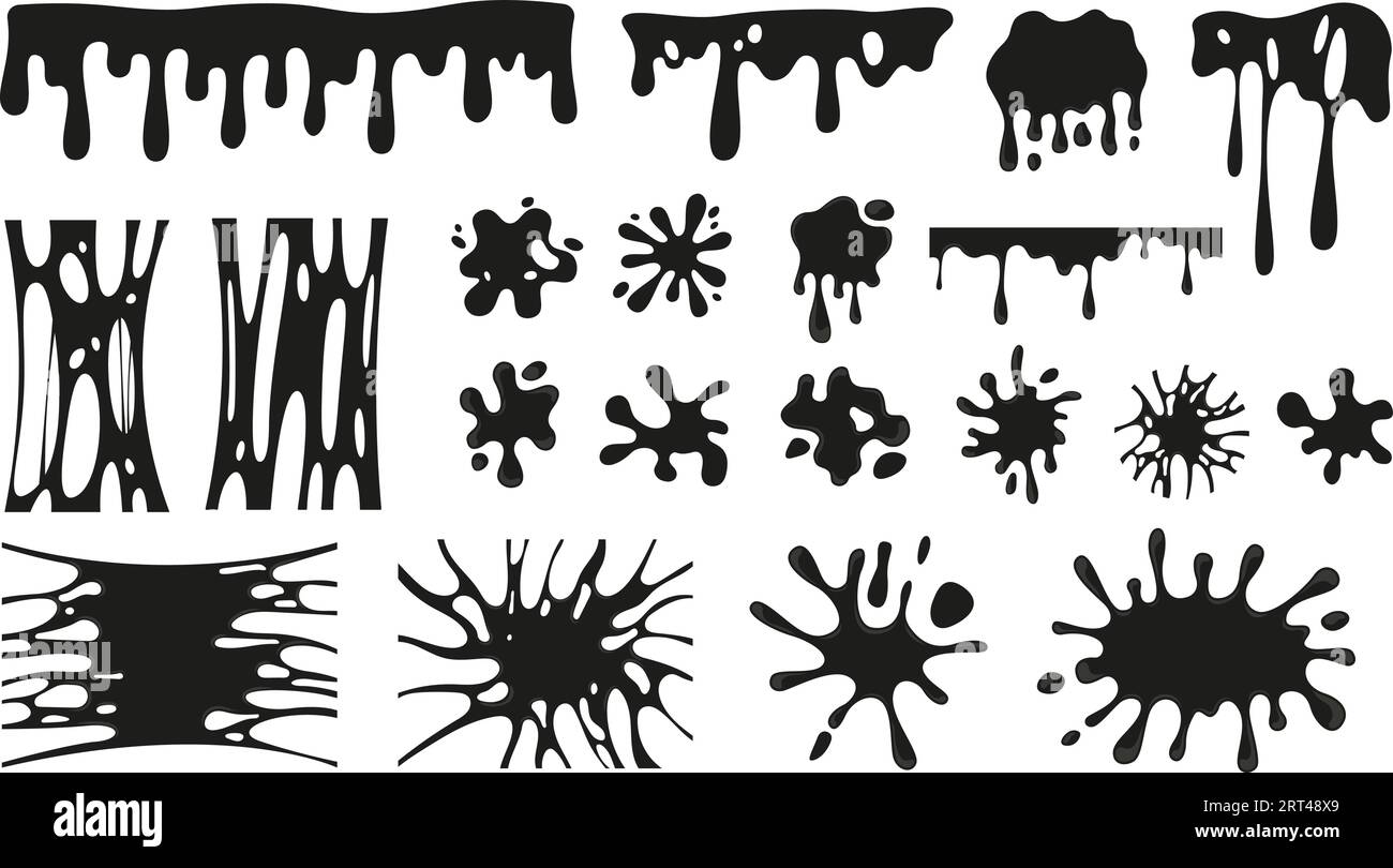 Splashes, blobs and slime puddles. Liquid elements, ink blob and drips ...