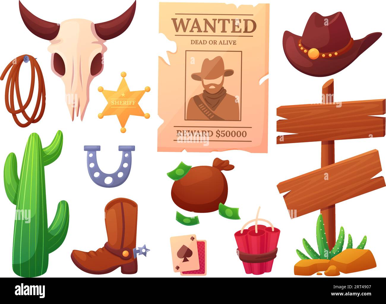 Wild west cartoon elements set. Gold sheriff star, cowboy hat boots and ...