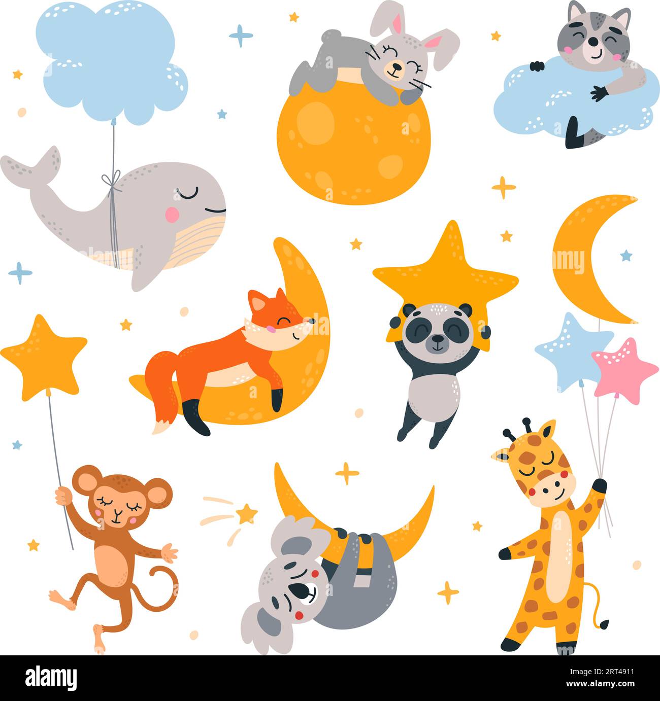 Cartoon animal sleep. Cute dream zoo baby on moon, stars and clouds ...