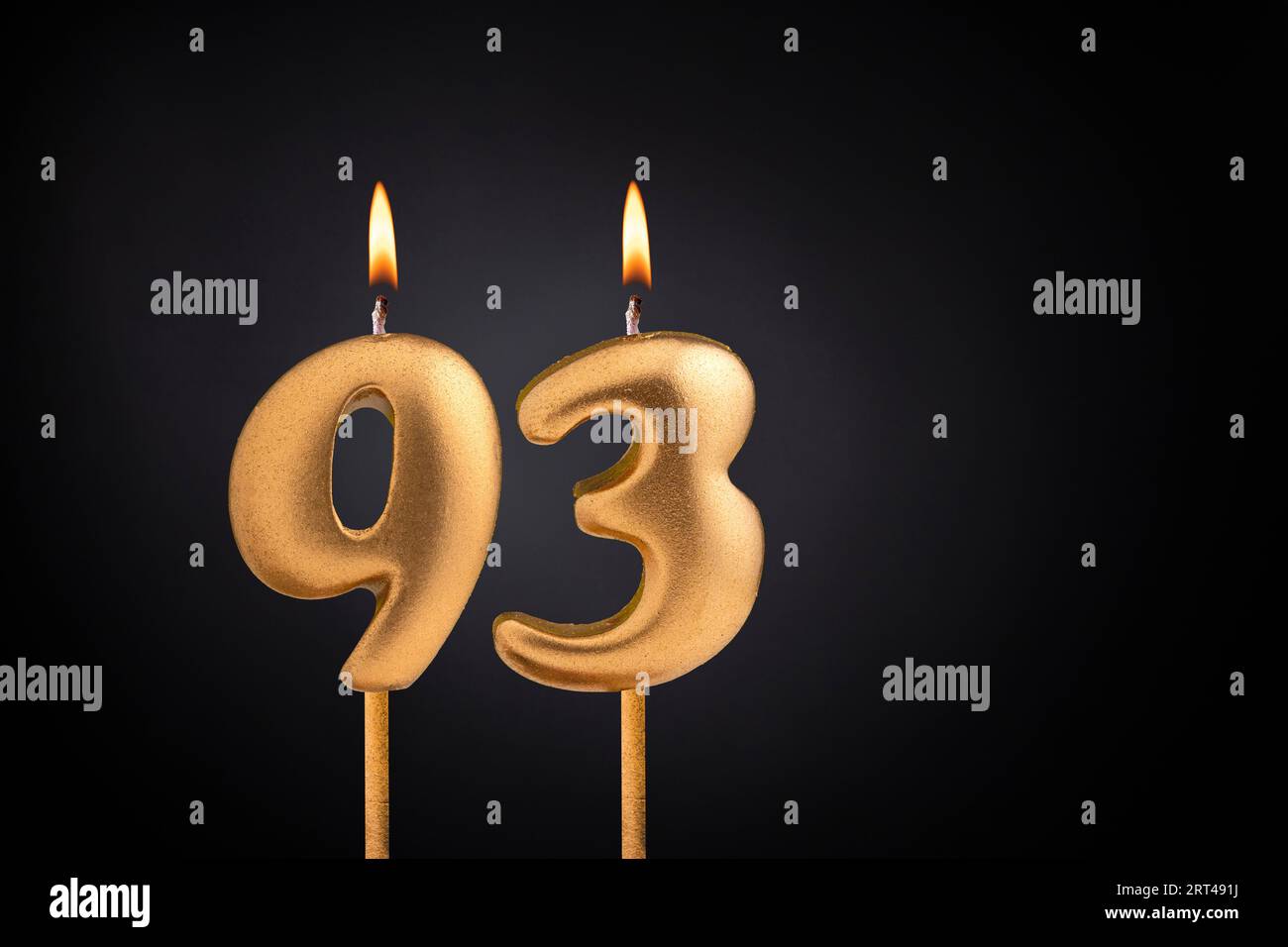 Golden candle 93 with flame - Birthday card on dark luxury background ...