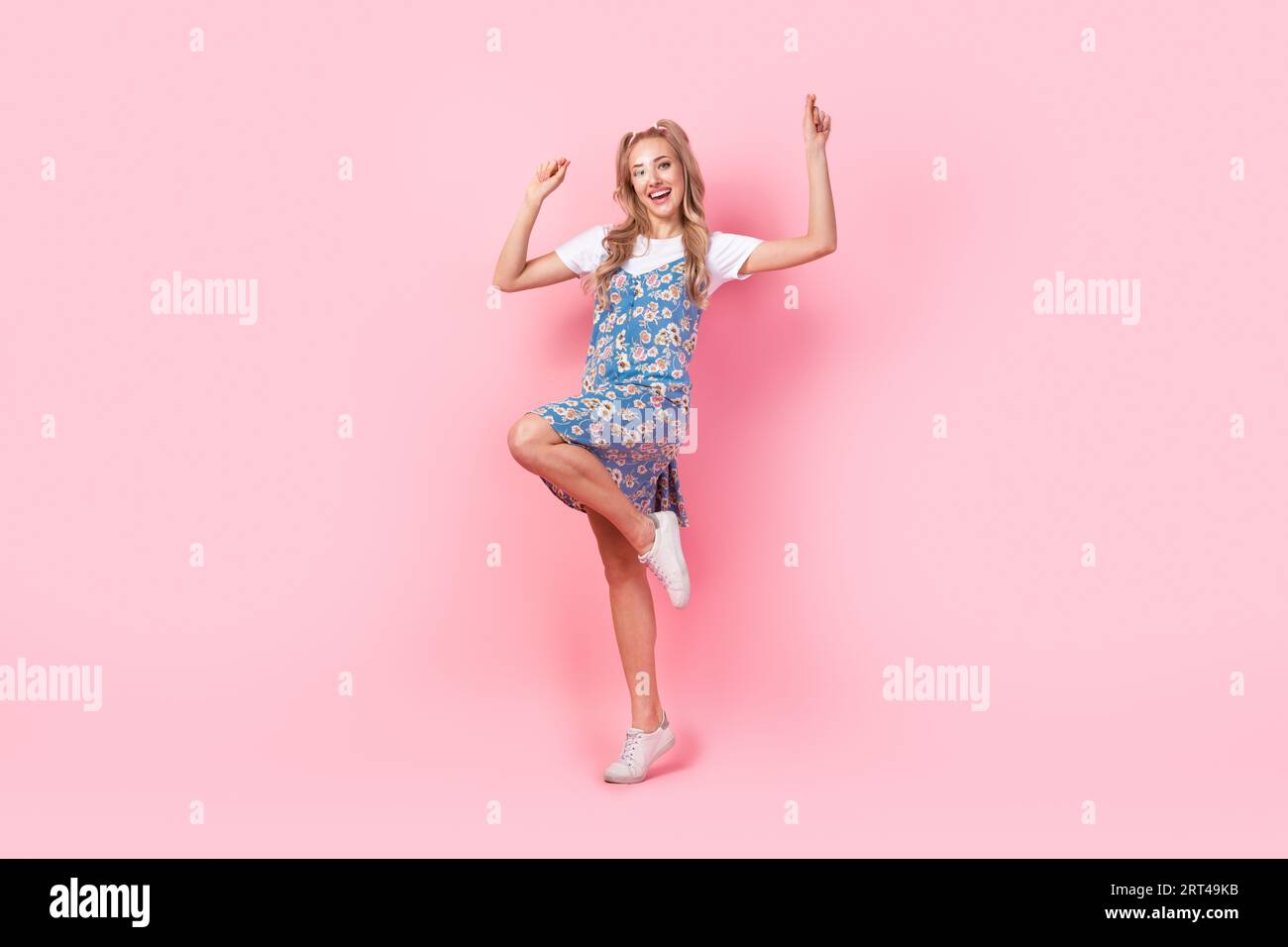Full body portrait of overjoyed adorable lady have good mood dancing ...