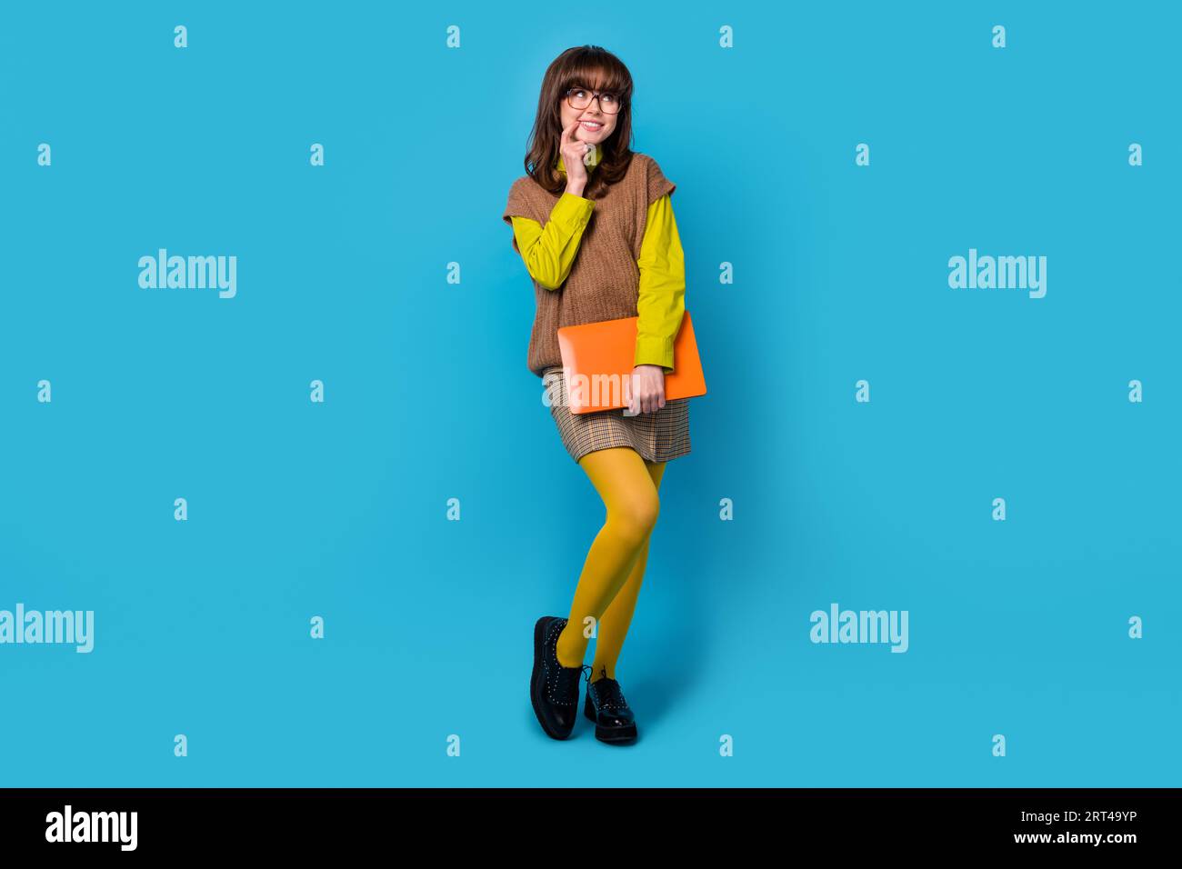 Full length photo of good mood tricky woman dressed waistcoat holding ...