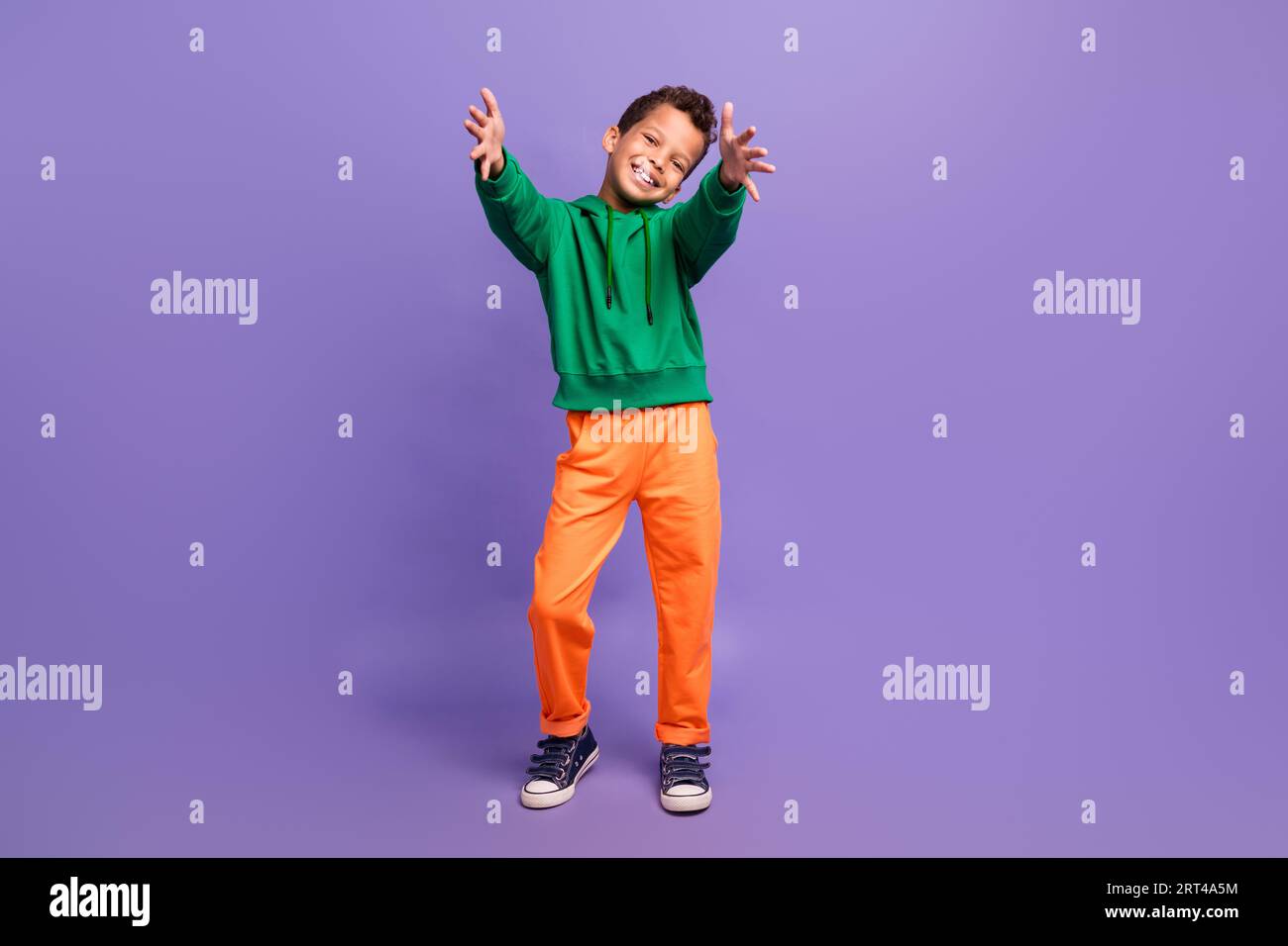 Full length photo of optimistic cheerful boy wear trendy outfit open ...