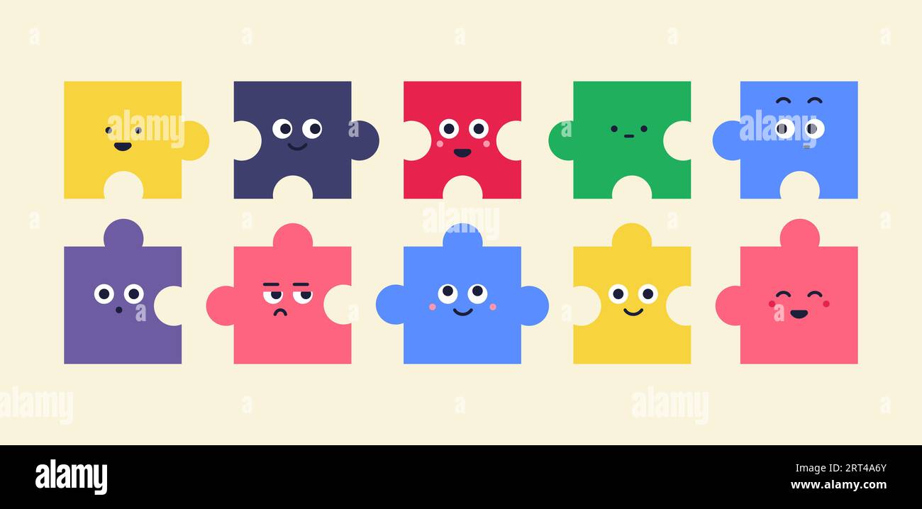 Puzzles faces. Funny bright puzzle pieces characters cute smile or ...