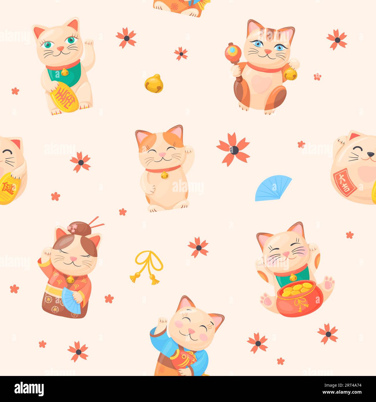 Lucky cats pattern. Japanese maneki neko kitten seamless wallpaper, chinese money fortune symbol ...