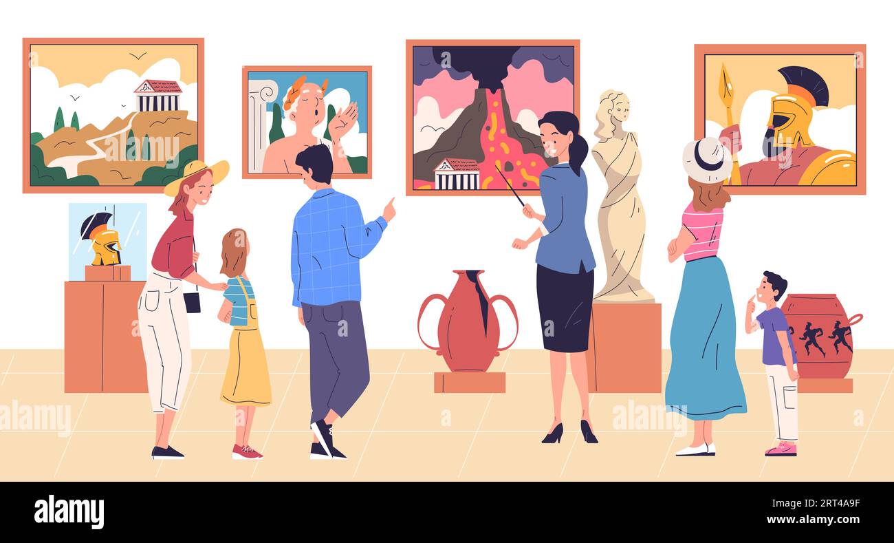 Family in museum. People tourists with children looking ancient ...