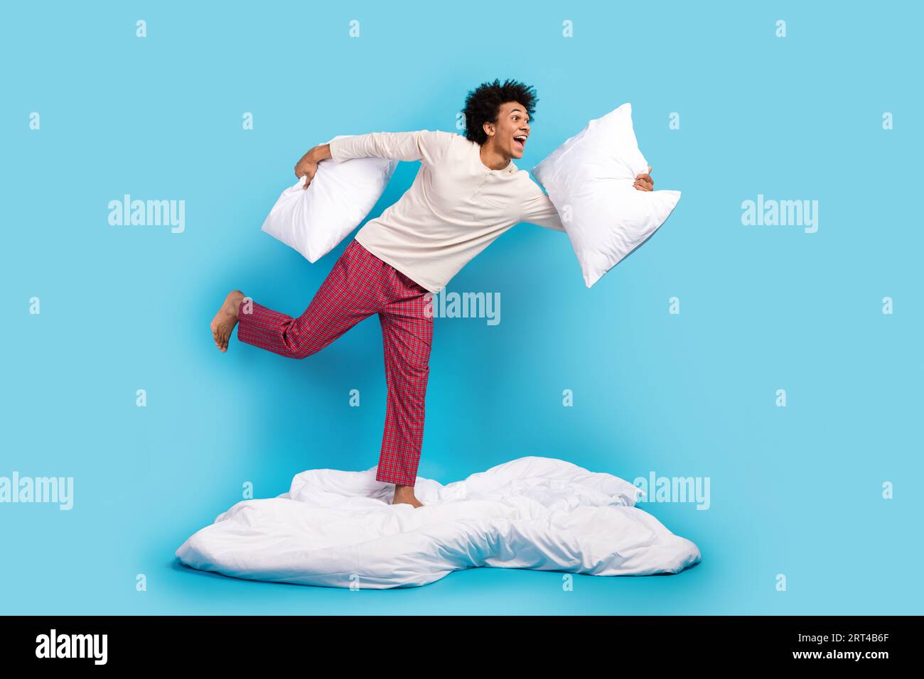 Full size profile photo of overjoyed positive person hold pillows ...