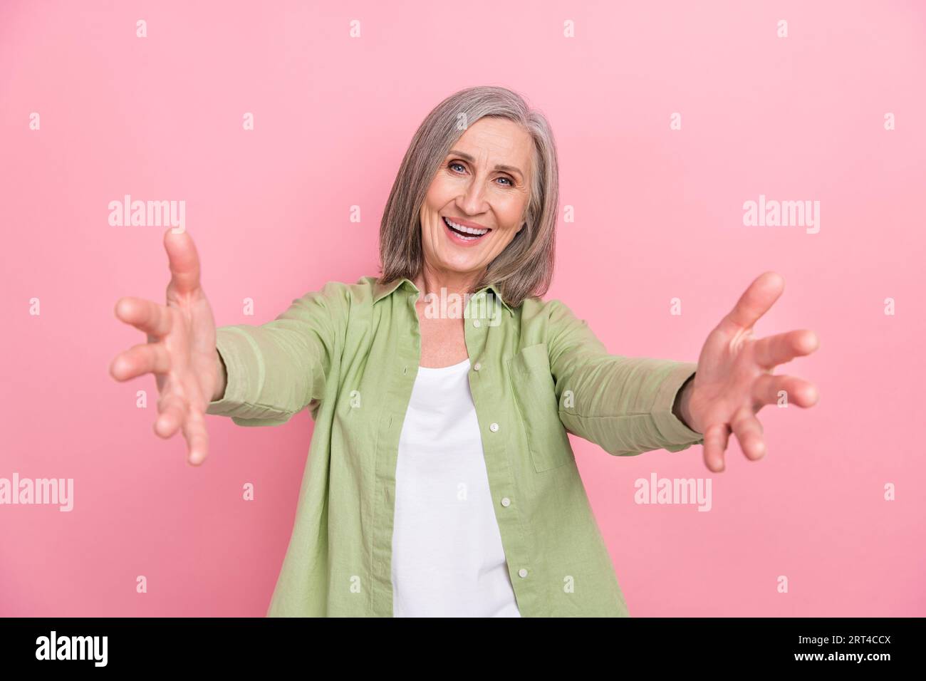 Photo portrait of cute positive granny woman miss you inviting embrace ...