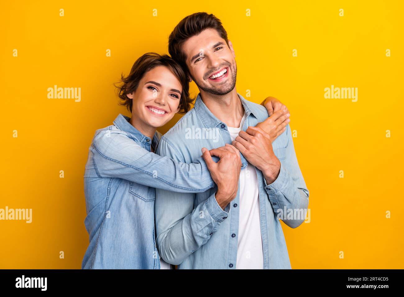 Photo of perfect family lady guy cuddle enjoy romantic date together ...