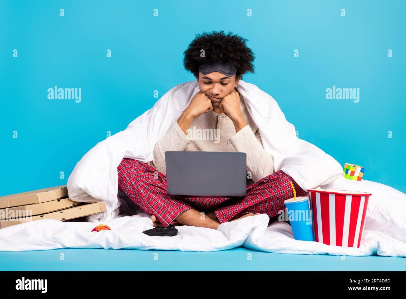 Full size photo of unsatisfied moody person sit bed covered blanket use ...