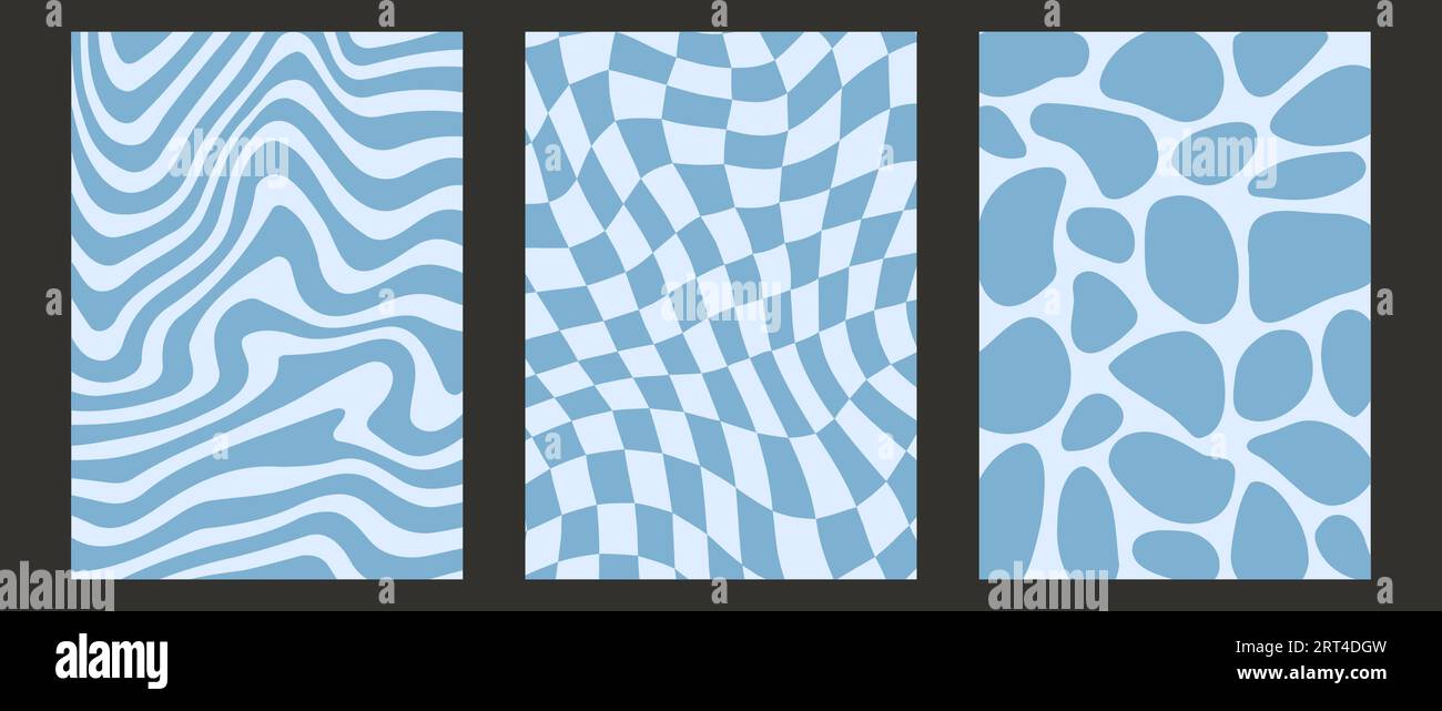 Retro distorted checkered, blob and wave background set. Blue trippy psychedelic pool wallpaper ...