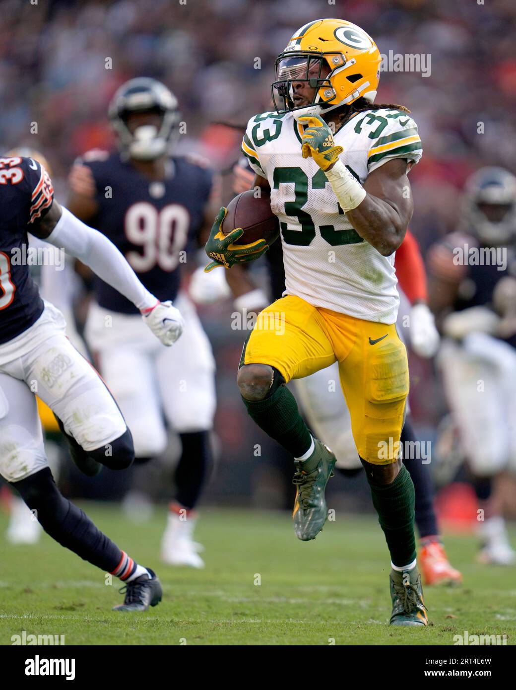 Green Bay Packers running back Aaron Jones heads for the end zone for a ...