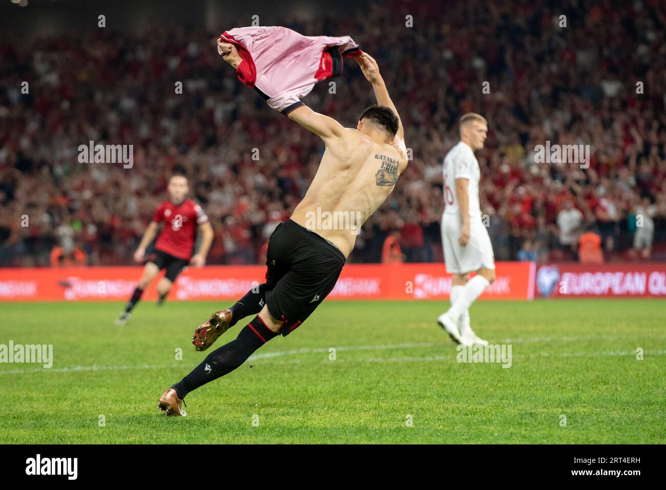 Tirana, Albania. 10th Sep, 2023. Mirlind Daku of Albania celebrates ...