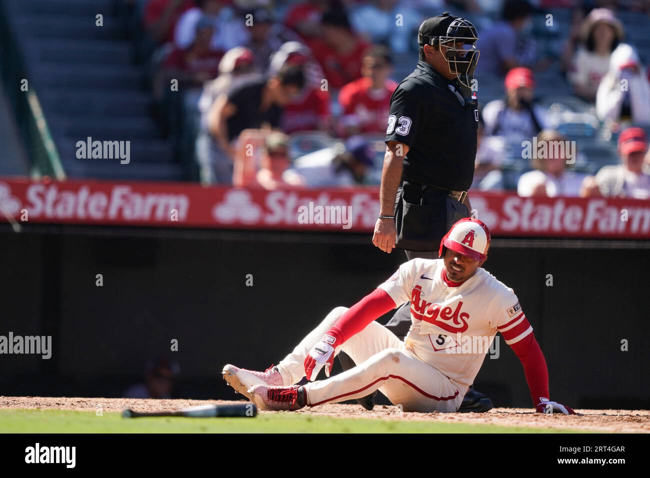 Los Angeles Angels' Eduardo Escobar reacts after a swinging strike ...