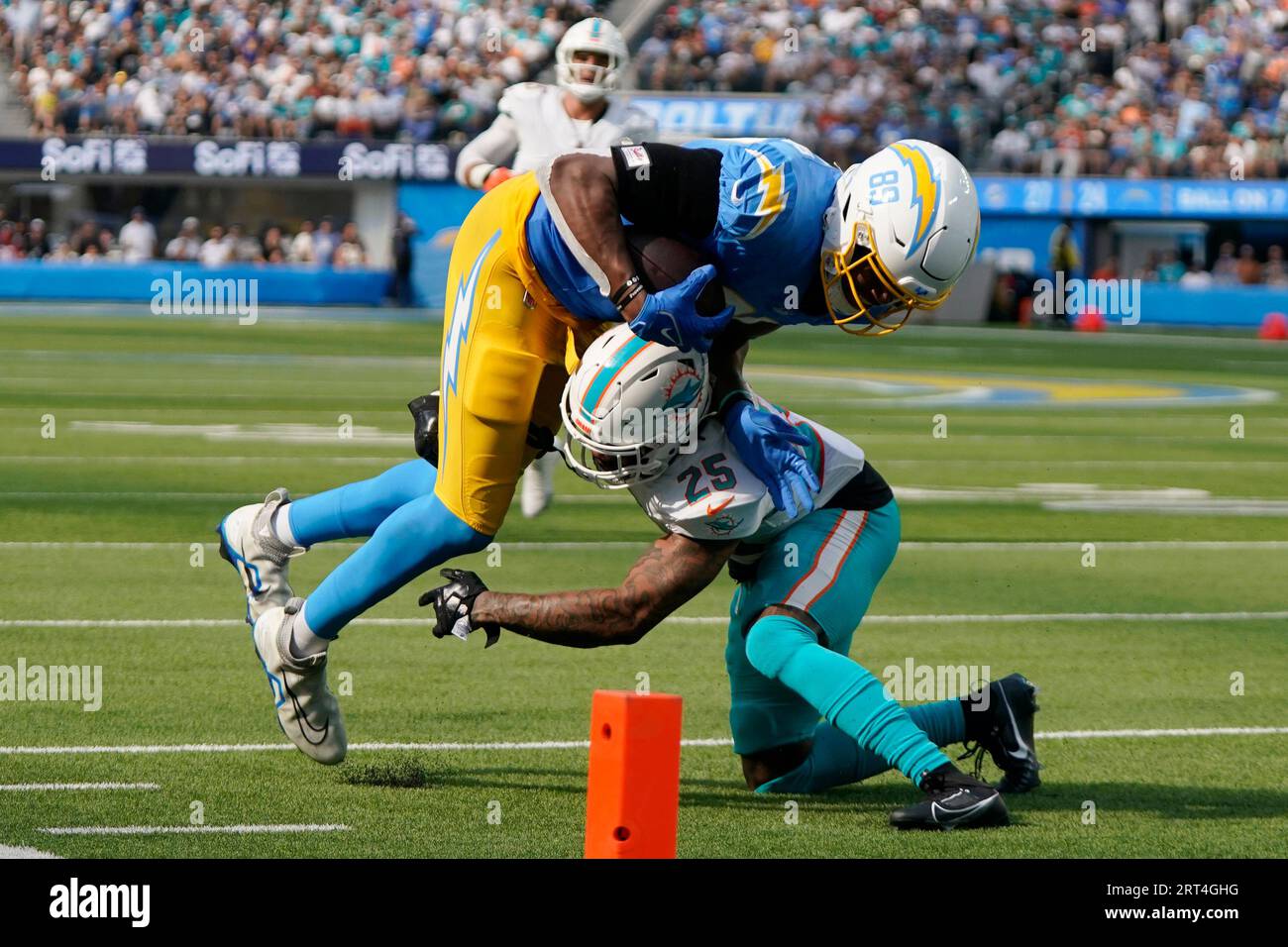 Los Angeles Chargers tight end Donald Parham Jr. (89) is tackled by ...