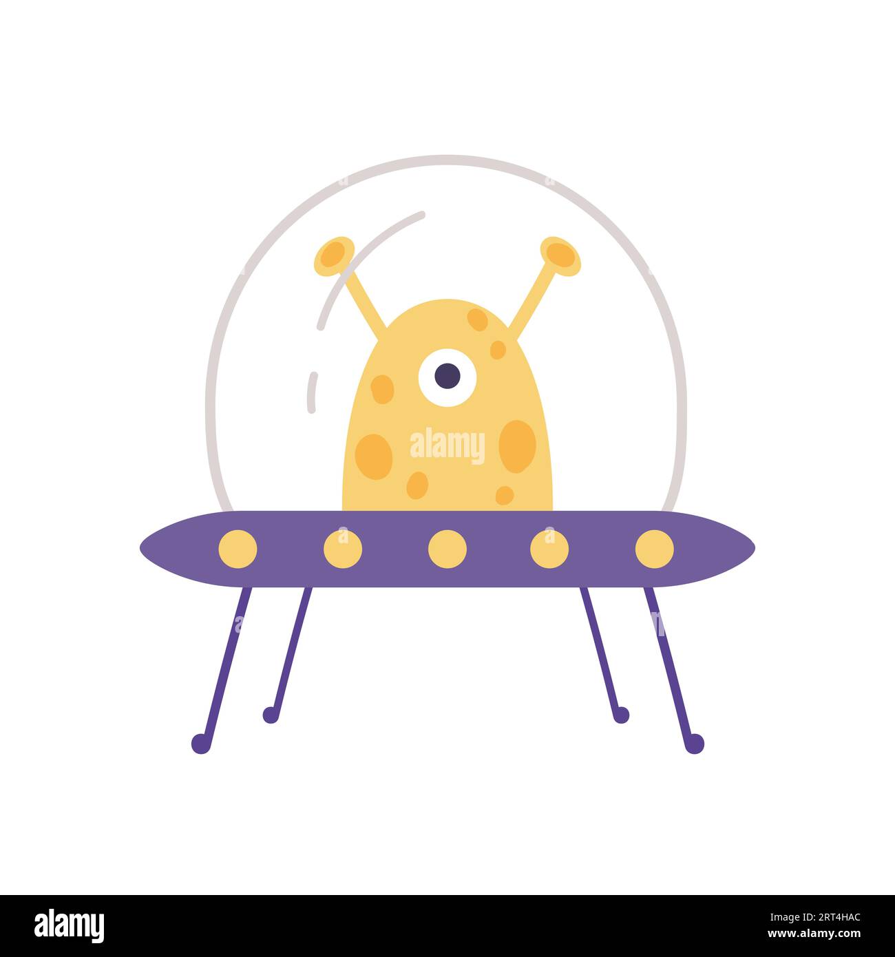 Cute alien in round spaceship. Space exploring, universe discovering ...