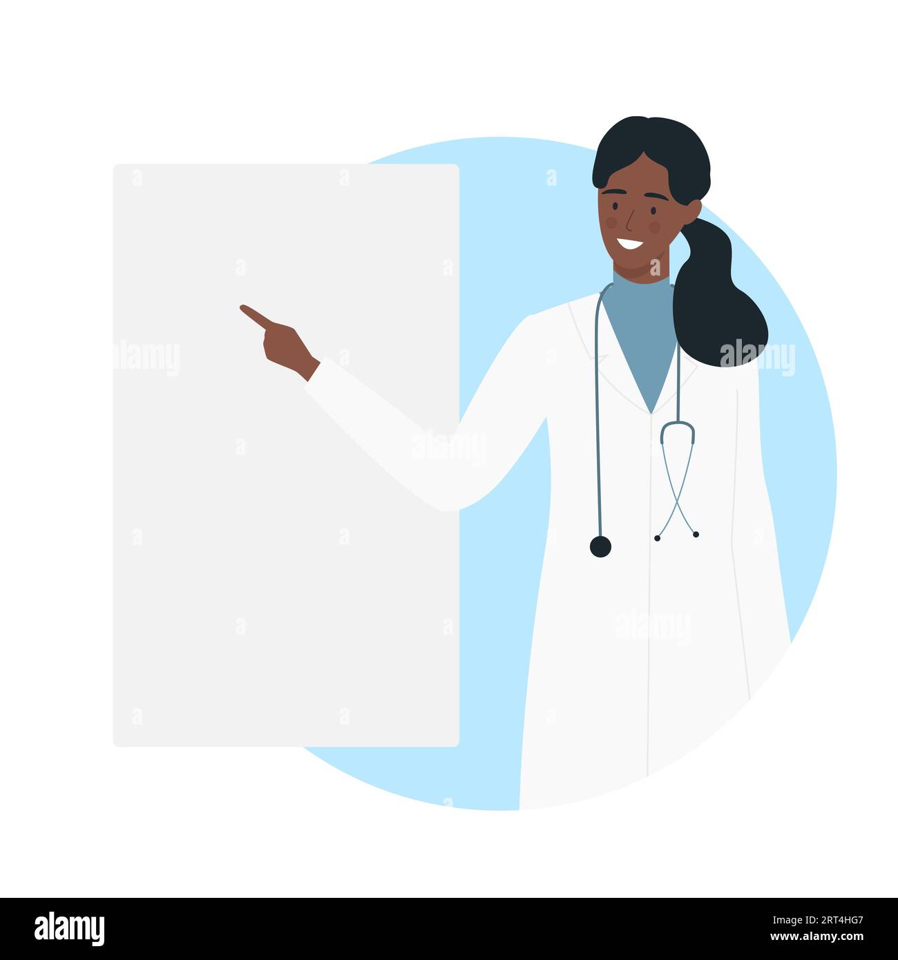 African female doctor pointing at black board. Medical worker with ...