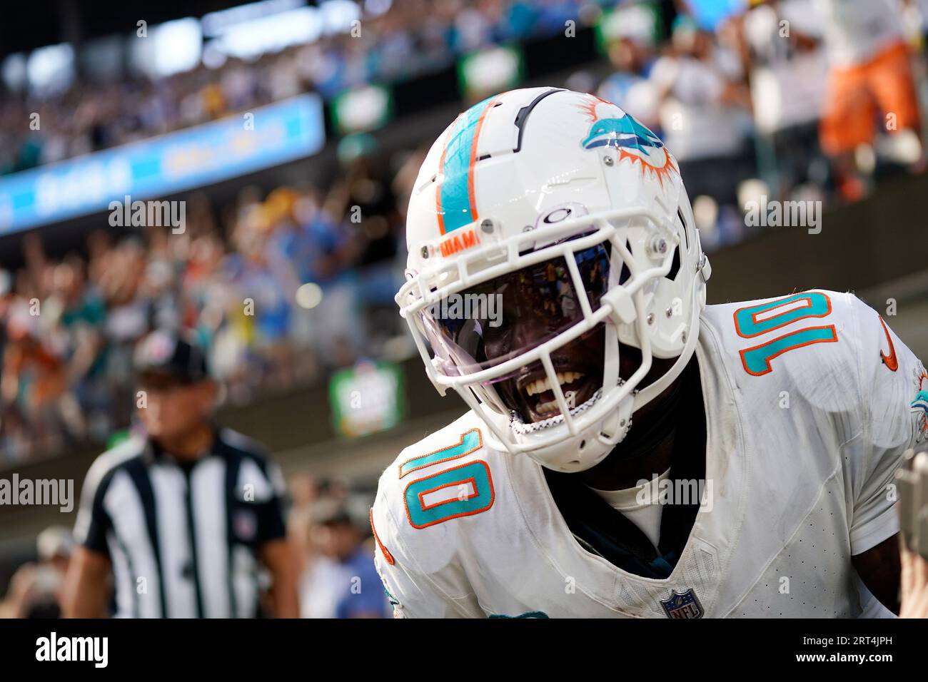 Miami Dolphins wide receiver Tyreek Hill smiles in the end zone after ...