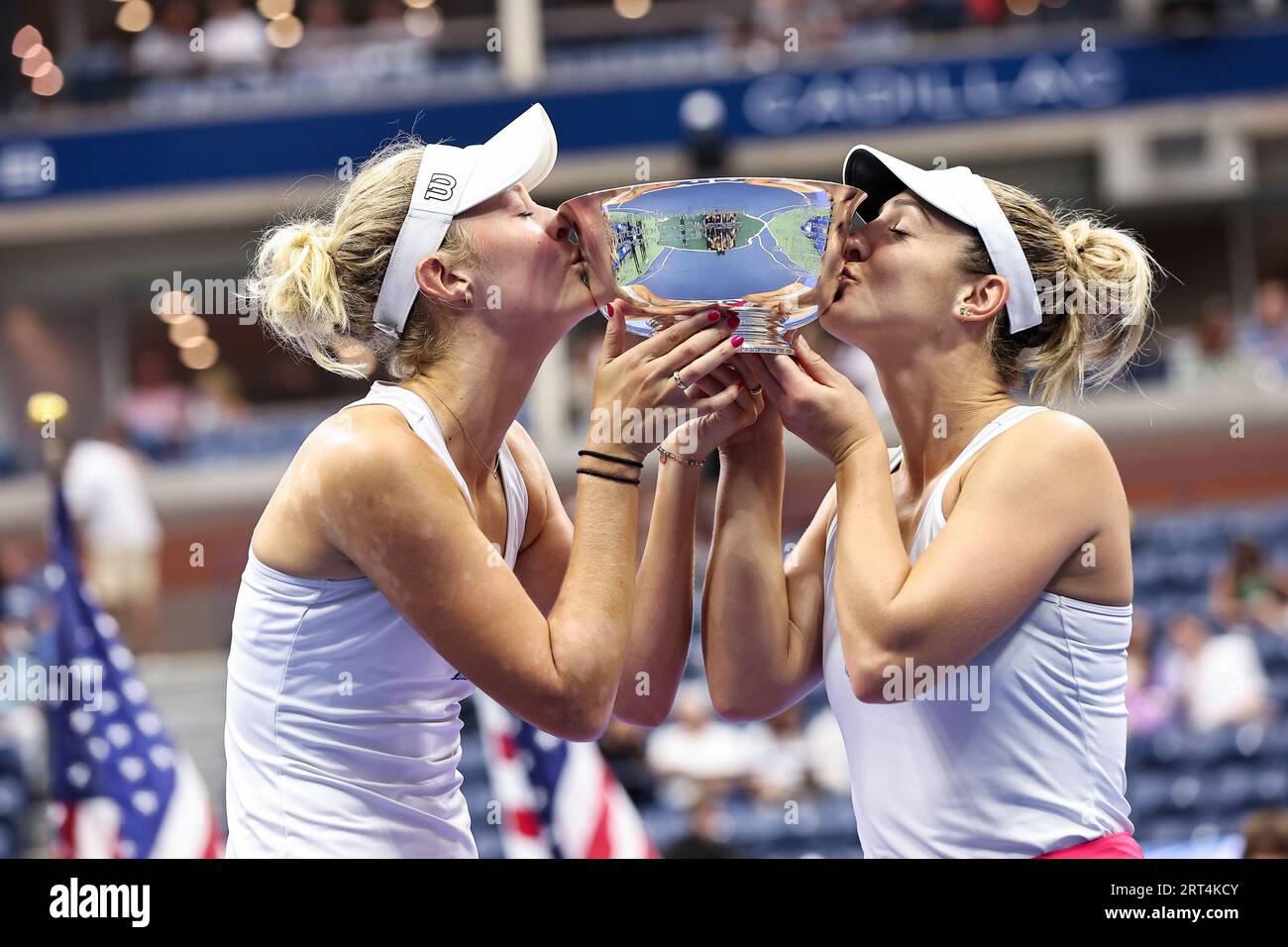 Erin Routliffe and Gabriela Dabrowski pose for a photo during a trophy presentation following a ...