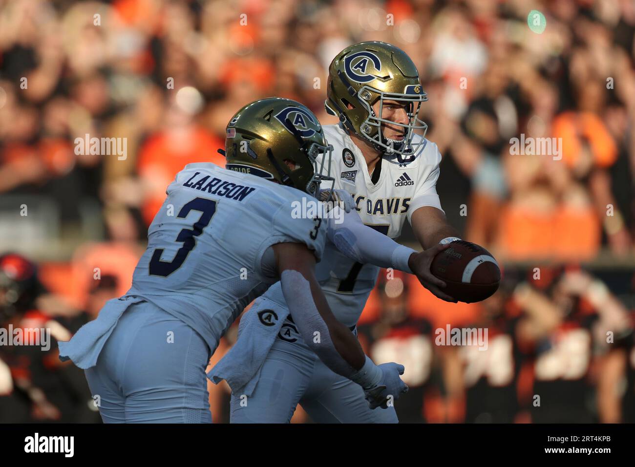 UC Davis quarterback Miles Hastings (7) hands off to running back Lan ...