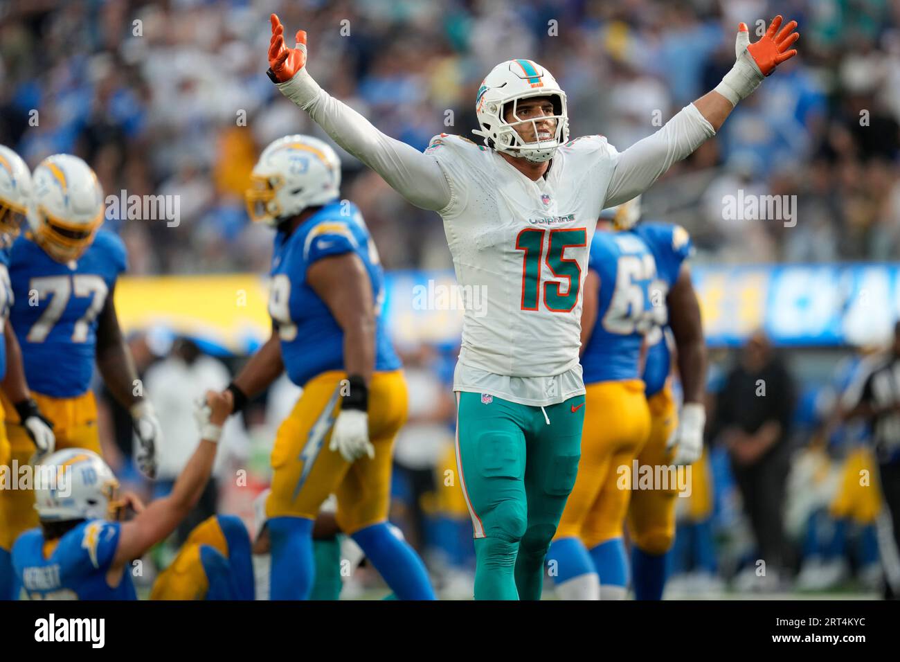 Miami Dolphins linebacker Jaelan Phillips (15) celebrates after sacking ...