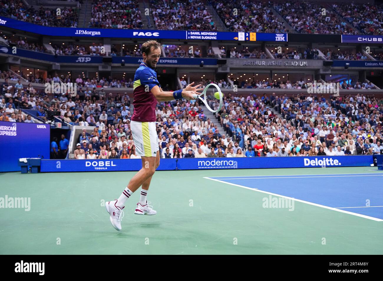 Daniil Medvedev hits a forehand during a men's singles championship ...