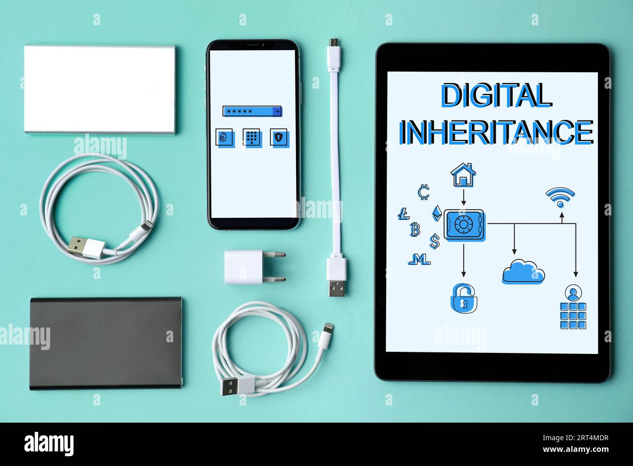Tablet with text Digital Inheritance and scheme with many different ...