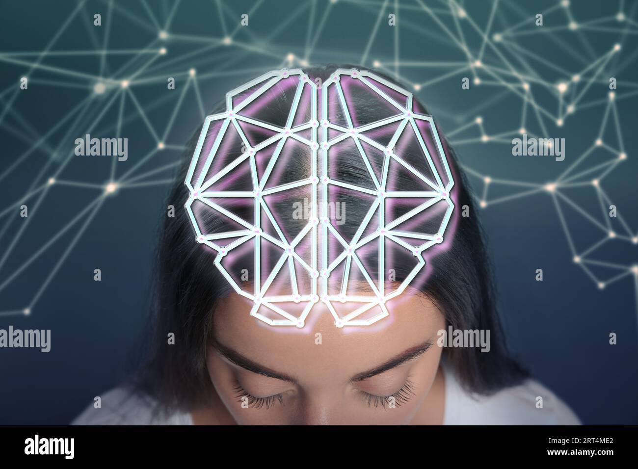 Memory. Woman with illustration of brain against dark background with ...