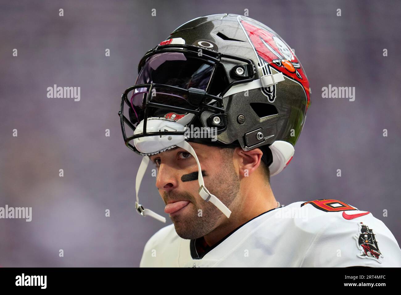 Tampa Bay Buccaneers quarterback Baker Mayfield stands on the field ...