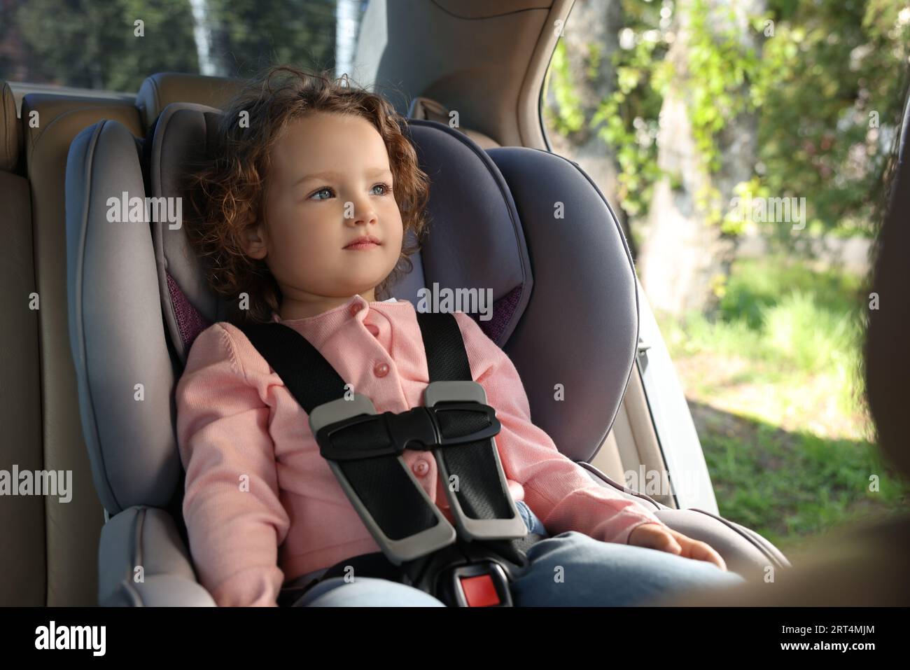 Cute little girl sitting in child safety seat inside car Stock Photo ...