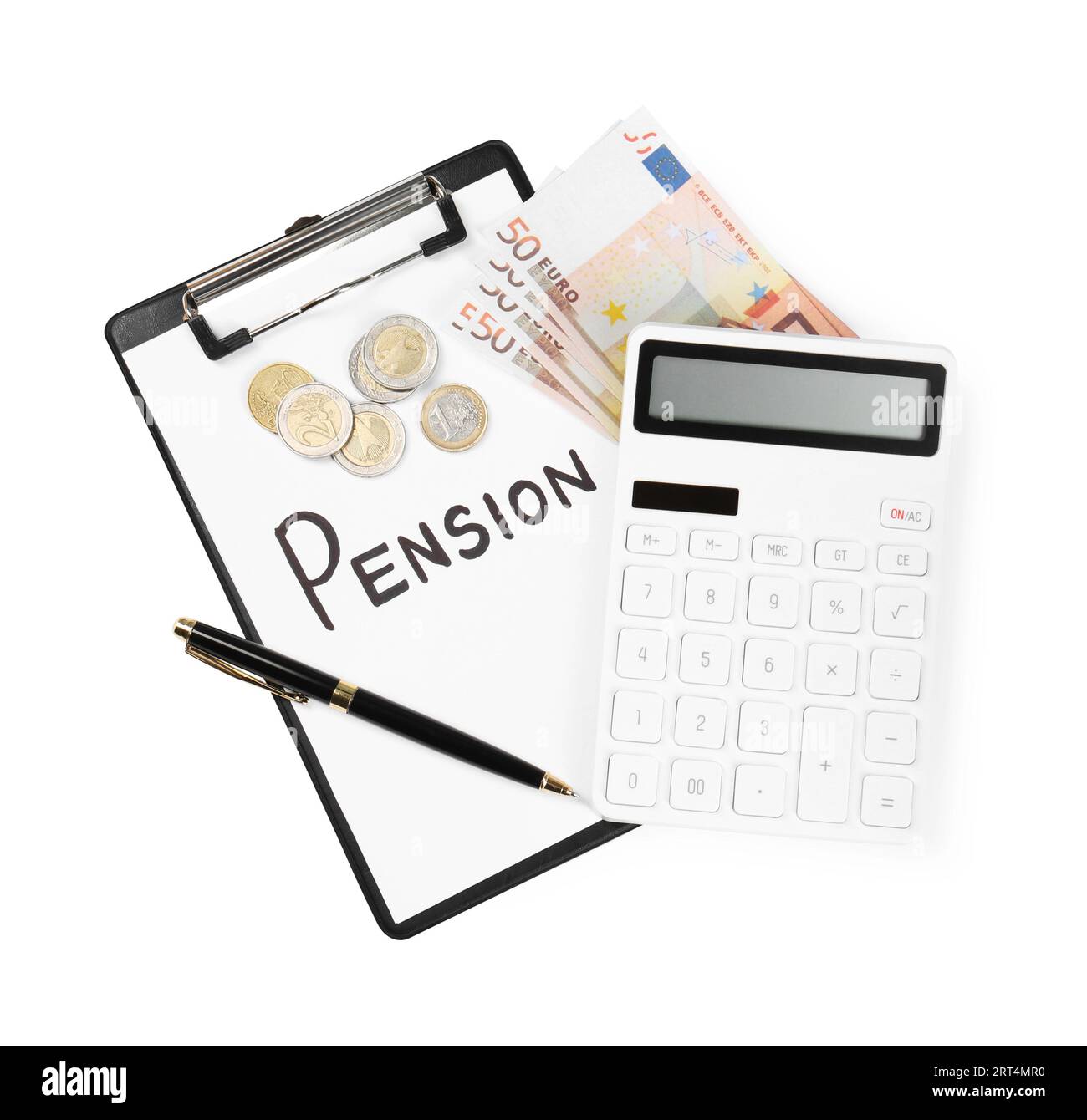 Calculator, money, clipboard with paper sheet and pen isolated on white ...