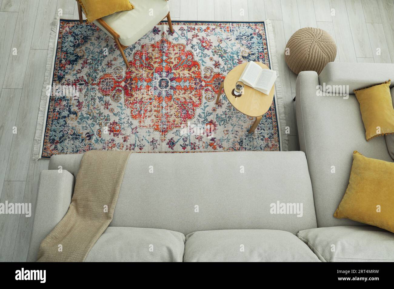 Stylish living room with beautiful carpet and furniture, top view ...