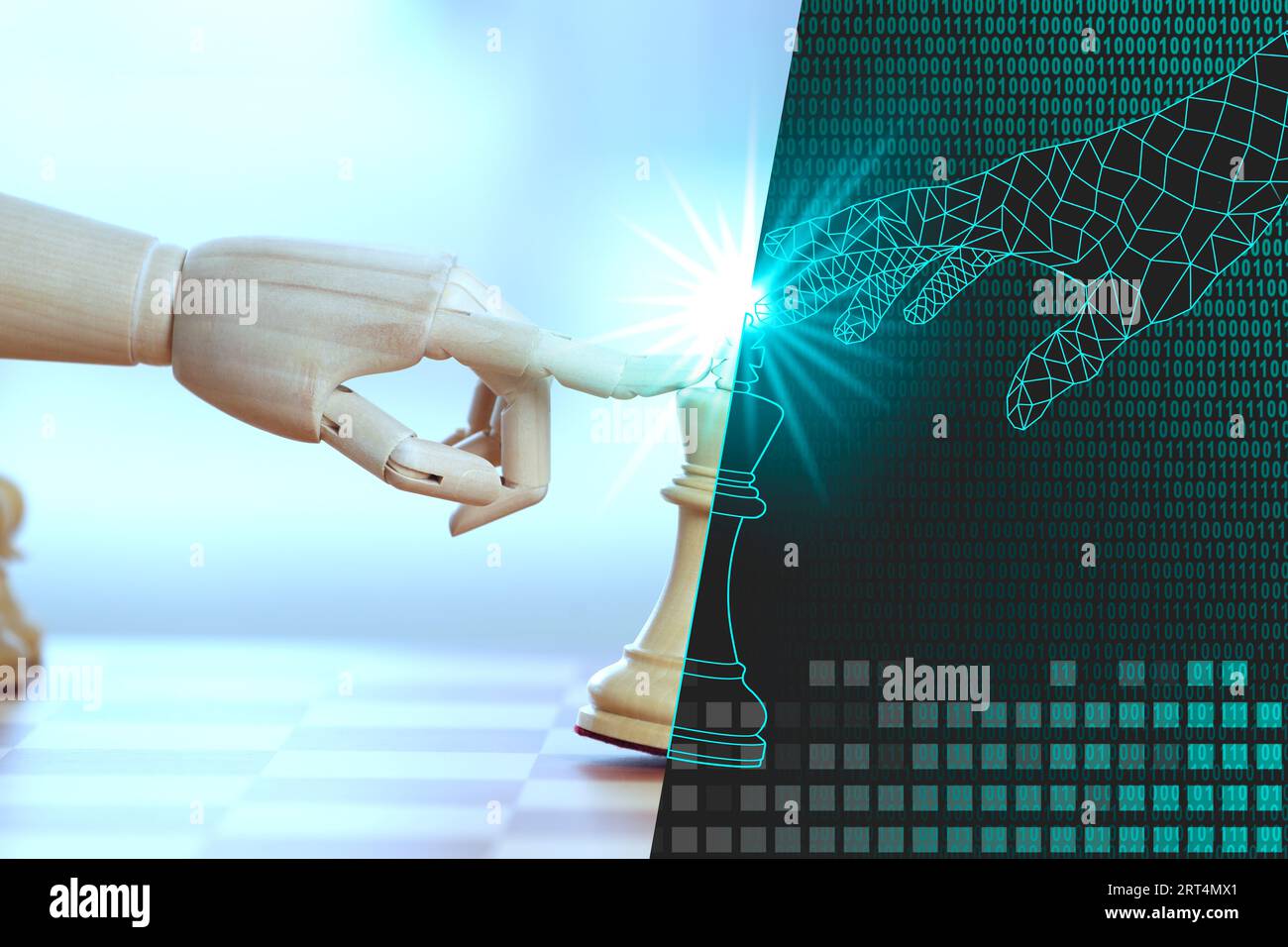 Wooden and digital hands touching chess piece. Cyber hand against ...