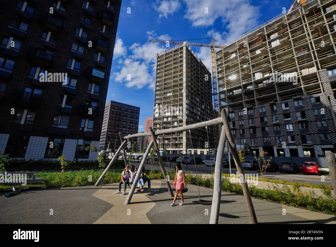 Moscow. Children play in the courtyard of a new residential complex ...