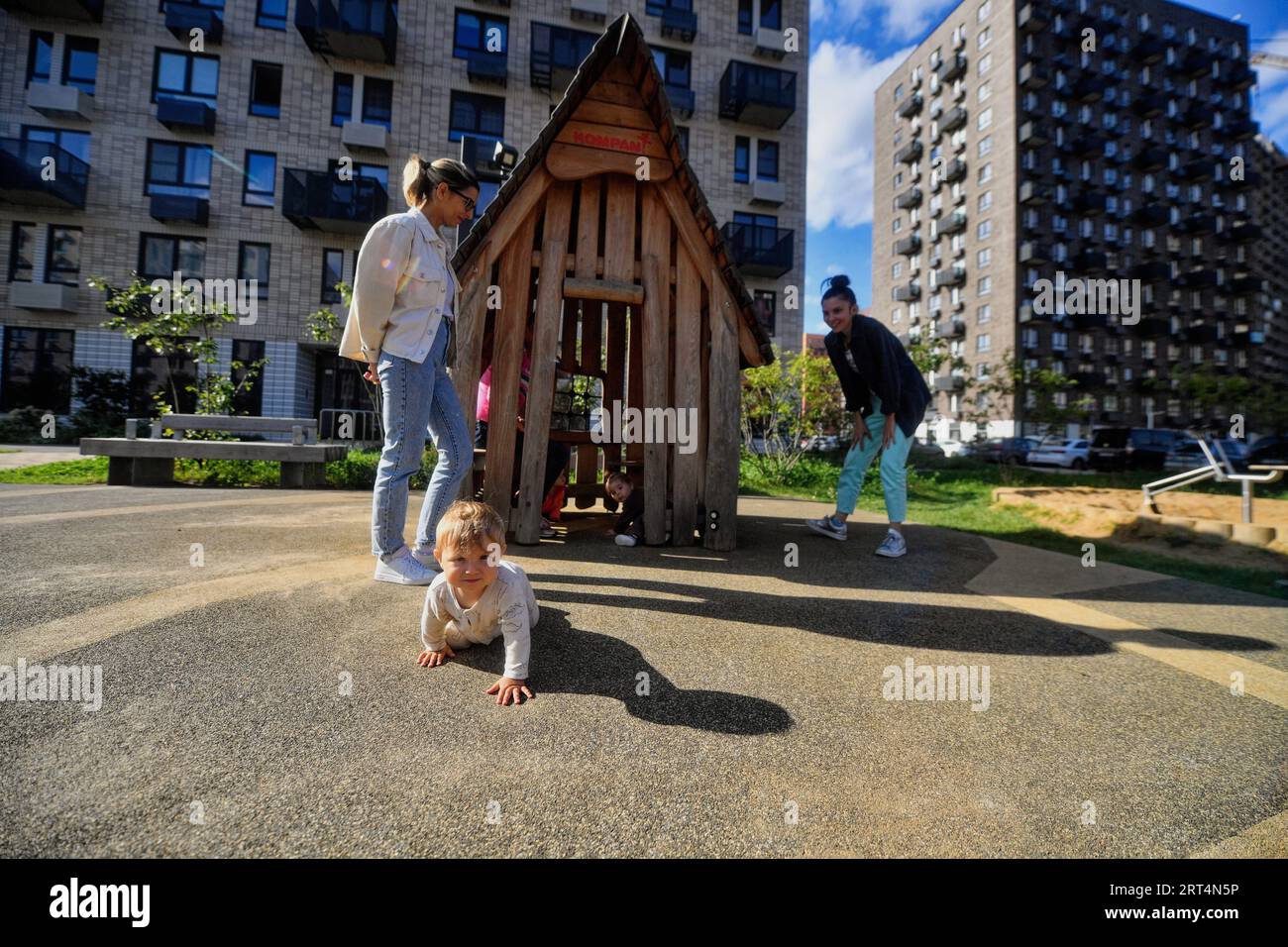 Moscow. Children play in the courtyard of a new residential complex ...