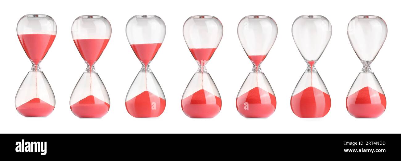 Passage of time. Hourglass with flowing sand on white background ...